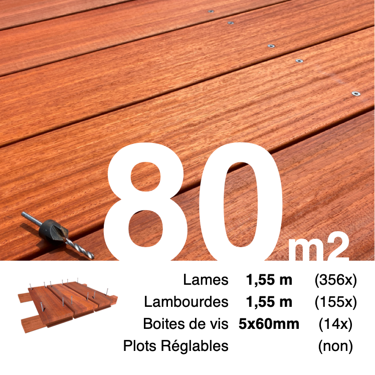 Kit terrasse bois exotique PADOUK pour 80 m² • Lames 1,55 m, lambourdes ...