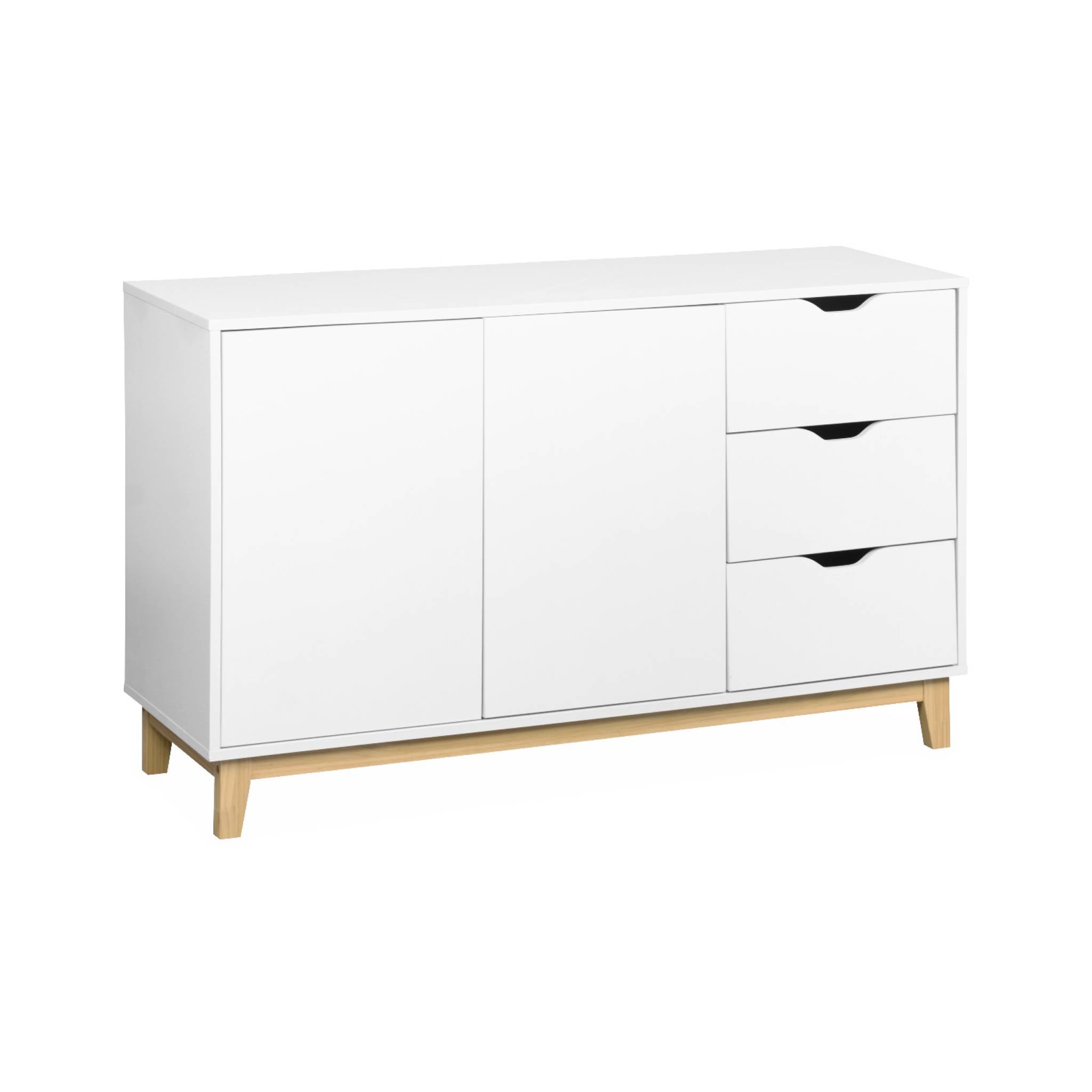 Buffet de rangement blanc. pieds bois - Floki - avec 3 tiroirs. buffet ...