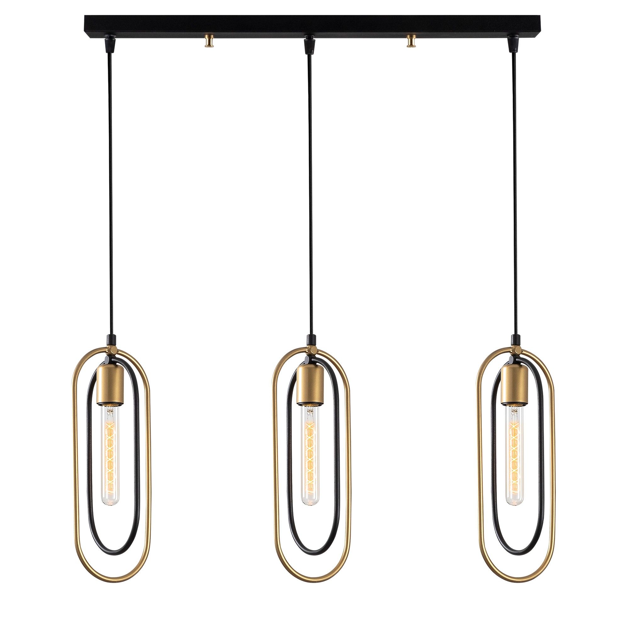 Suspension 3 lampes cadre bâtonnet alignées Haruko Métal Noir et Or ...