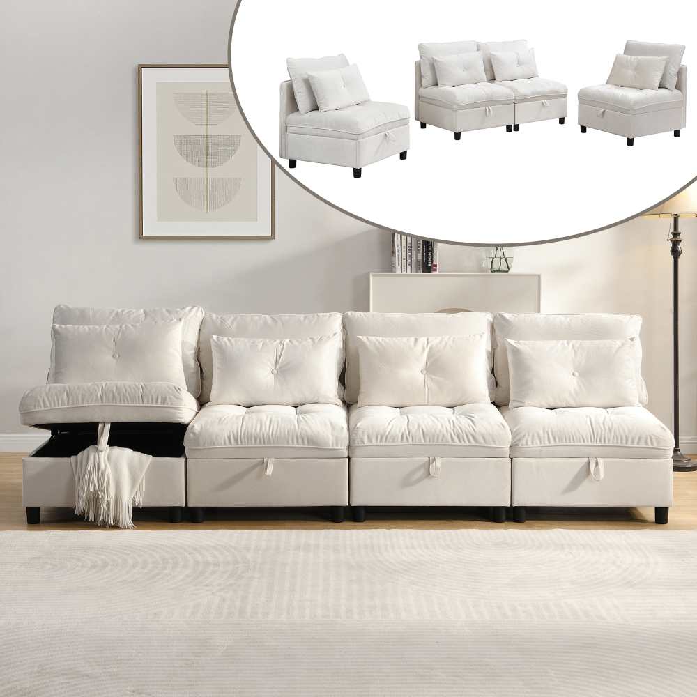 Sofá modular de 4 plazas con almacenaje bajo el asiento, función cama y ...