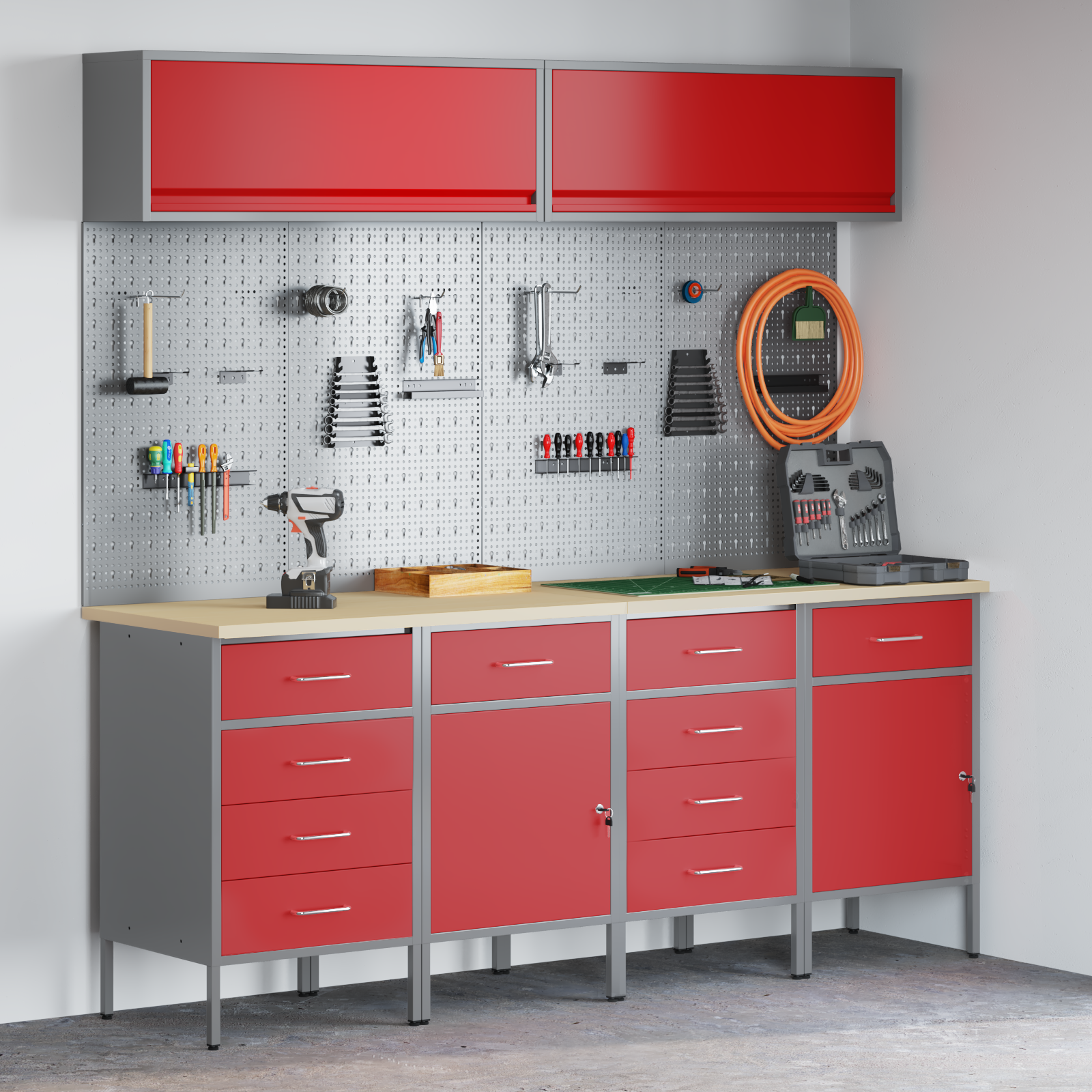 VidaXL Mueble de trabajo y panel perforado 10 piezas MDF y metal rojo ...