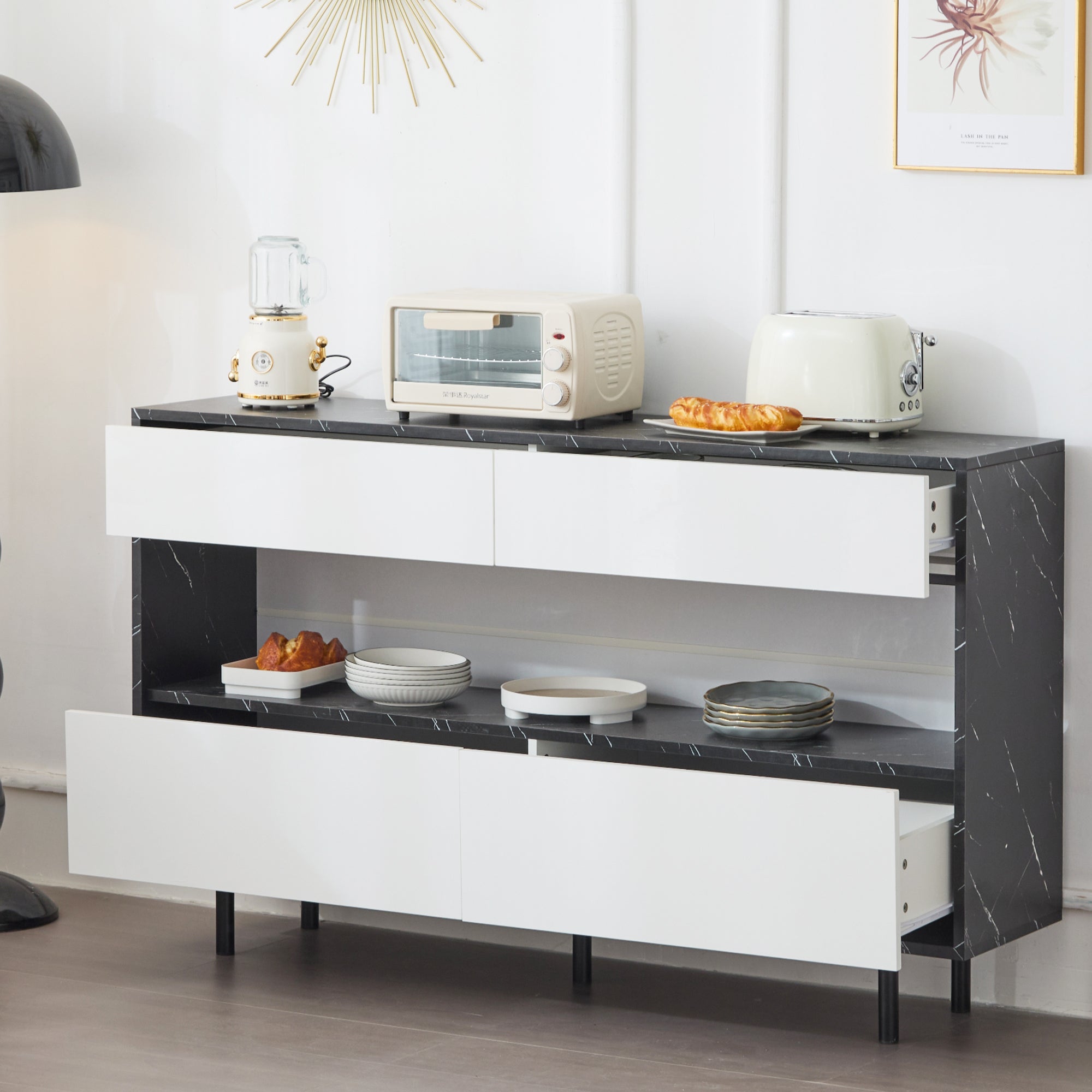 Buffet Design Moderne avec LED , Meuble de Rangement avec 4 Tiroirs et Compartiment Ouvert ...