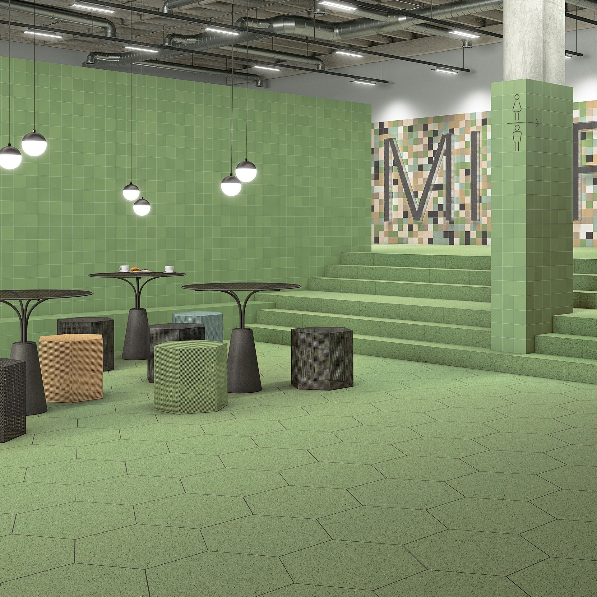 Carrelage sol / mur hexagonal effet terrazzo grand format vert 51,9x59 ...