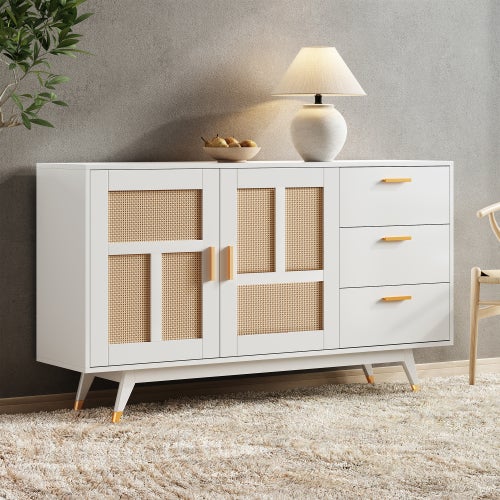 Buffet 160x40x87 cm con 2 puertas, 3 cajones, espacio de almacenamiento, de MDF, color blanco ...