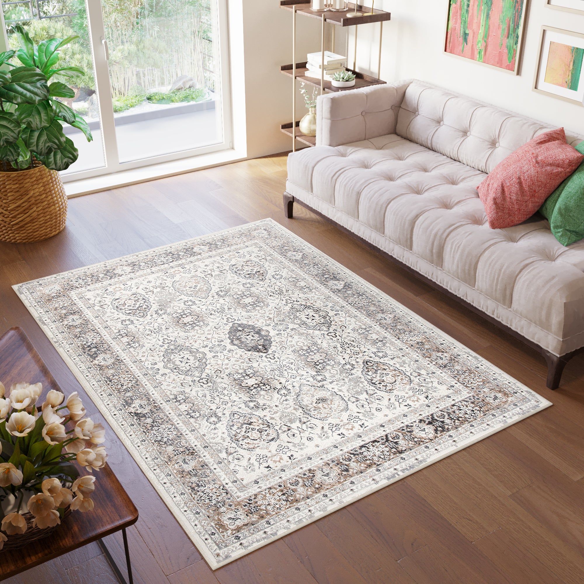 TAPISO Valley Tapis Salon Vintage Marron Crème Gris Bordé Doux 140x200 ...