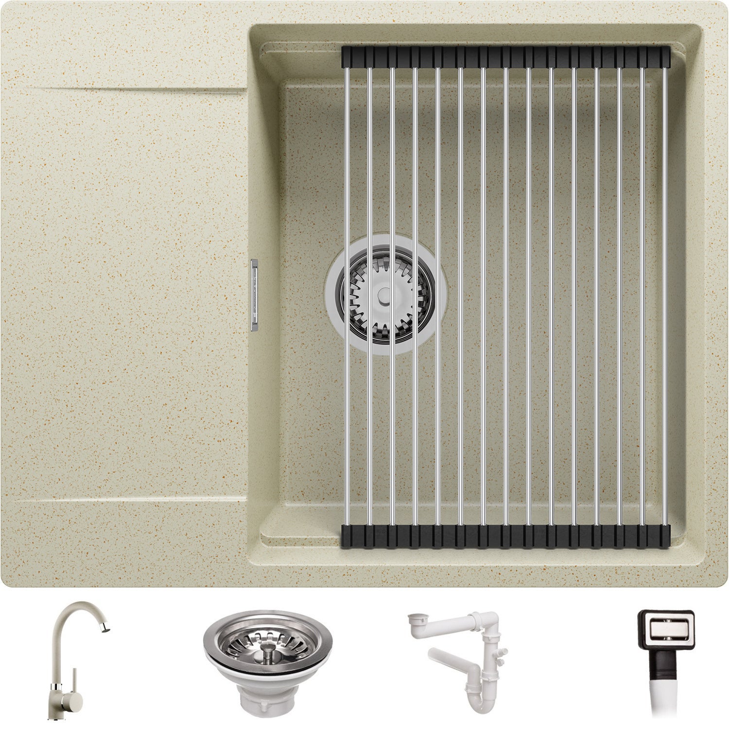 Evier Cuisine en Granit Beige 62x50cm, 1 bac + Kit de Vidage + Robinet ...