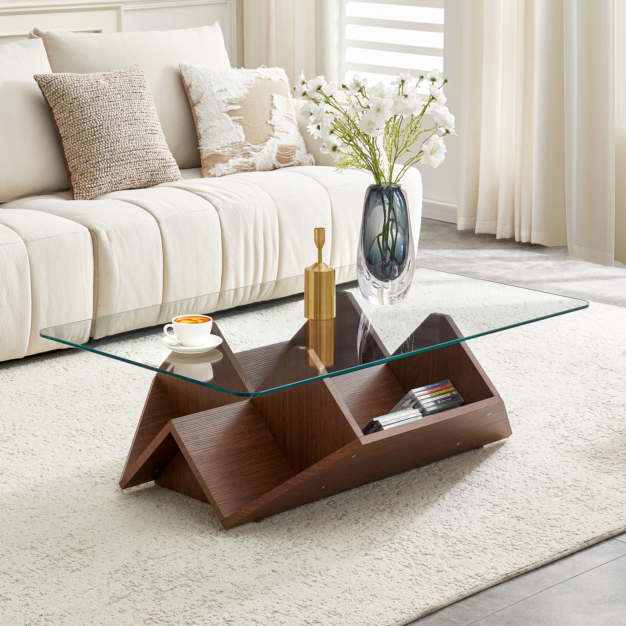 Table Basse 103x63x33,5 cm - Plateau Verre Trempé - Structure MDF Noyer ...