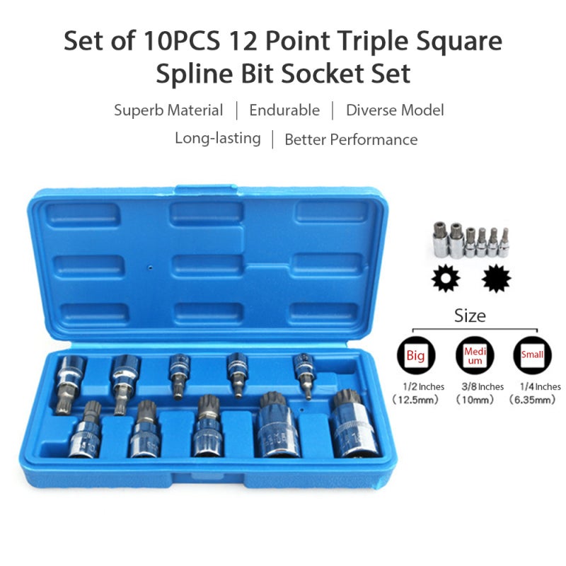 Set de 10 pièces de douilles à encoche spline triple carré 12 points ...