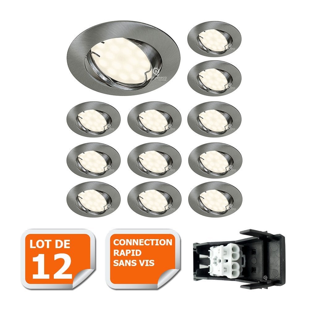 Lot de 12 spot led encastrable complet orientable alu brossé avec ampoule gu10 230v 5w, blanc ...