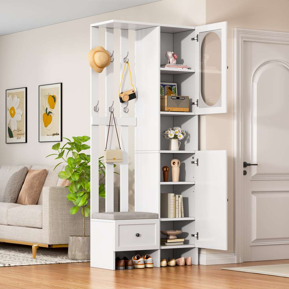 Garde-robe d’entrée compacte avec double armoire, verre trempé, banc à ...