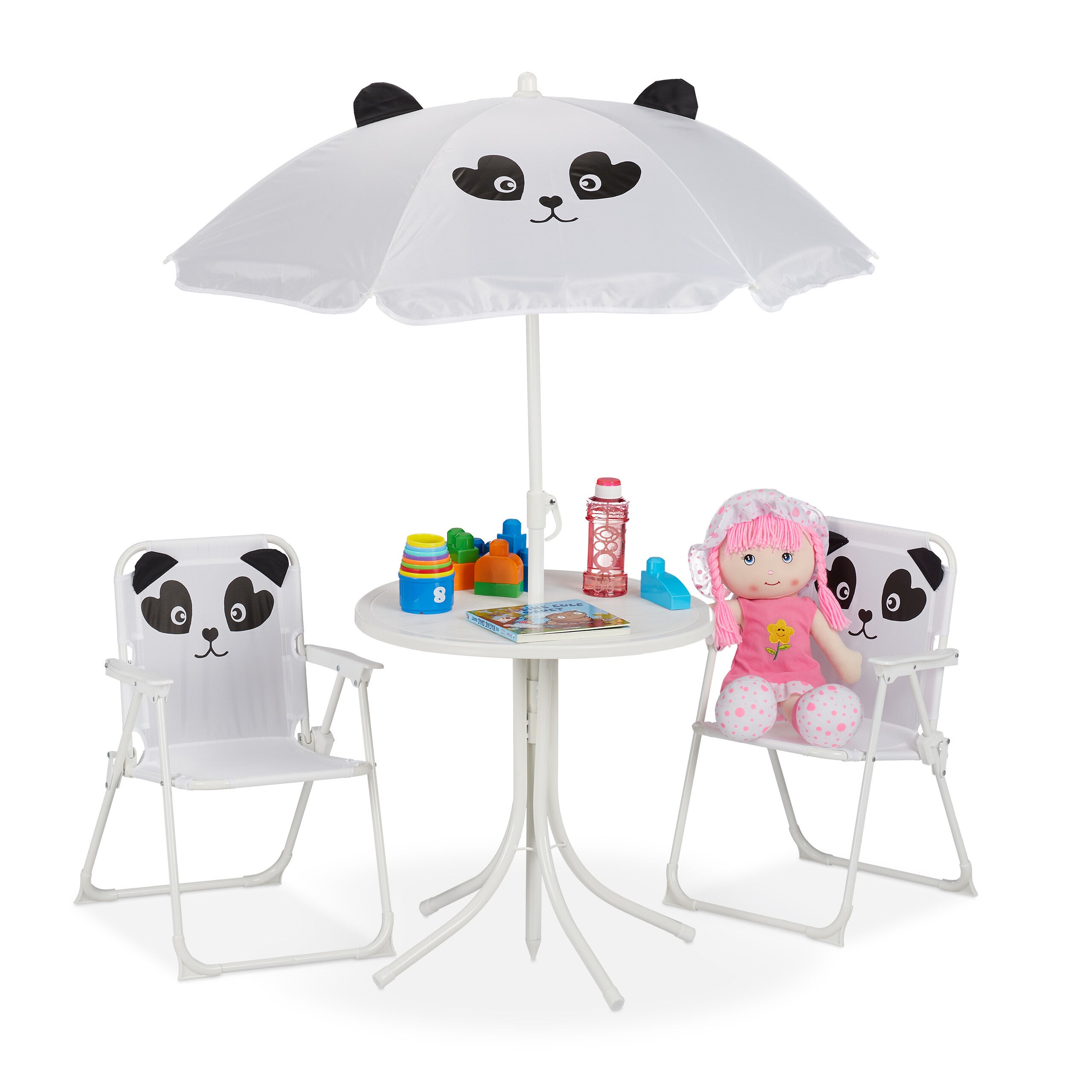 Relaxdays, Salon de jardin, enfant, table, chaises, parasol, pour un ...