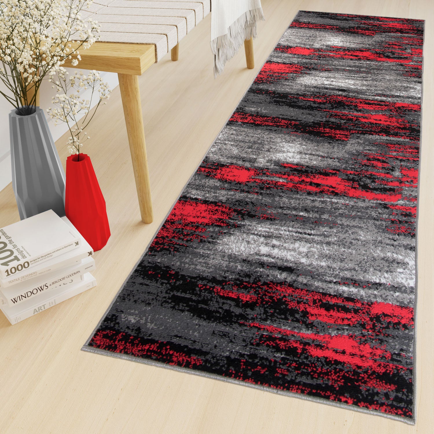 TAPISO Maya Tapis de Couloir Entrée Moderne Rouge Gris Noir Moucheté ...