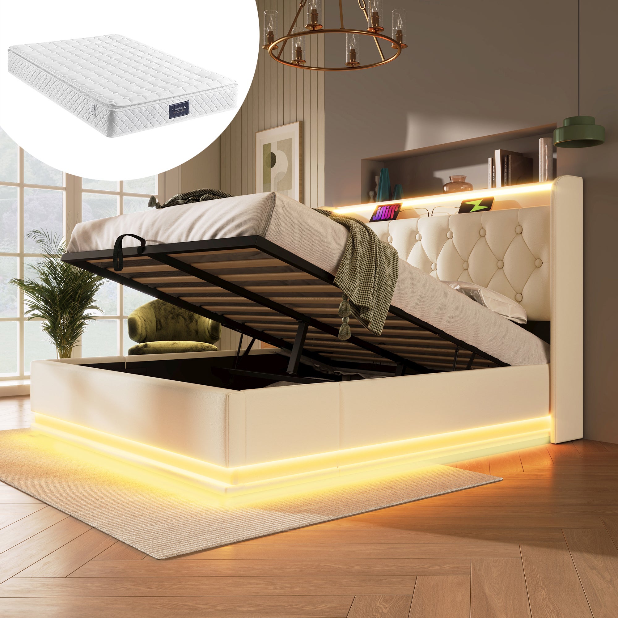 Lit coffre Lit adulte capitonné 160 x 200 cm avec LED et fonction de ...