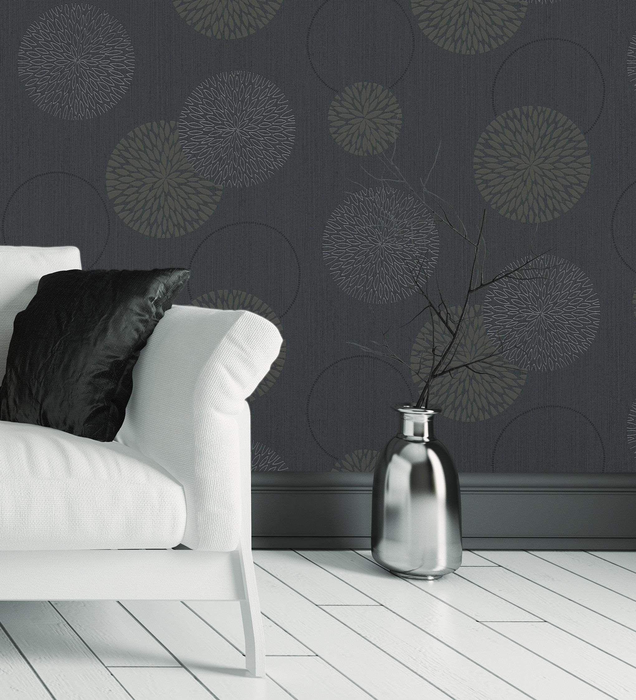 Papier peint géométrique avec cercles et fleurs en relief gris foncé ...
