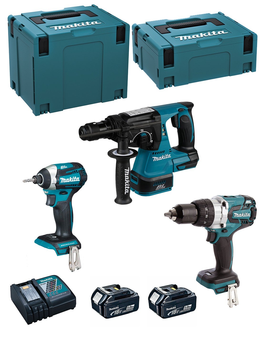 MAKITA Kit MK308RTJ (DHR243 + DHP481 + DTD154 + 2 x 5,0 Ah + DC18RC ...