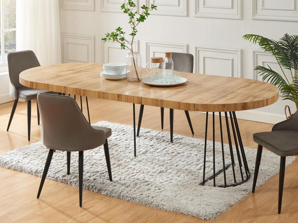Table à manger extensible 2 à 12 personnes en MDF et acier - Naturel et ...