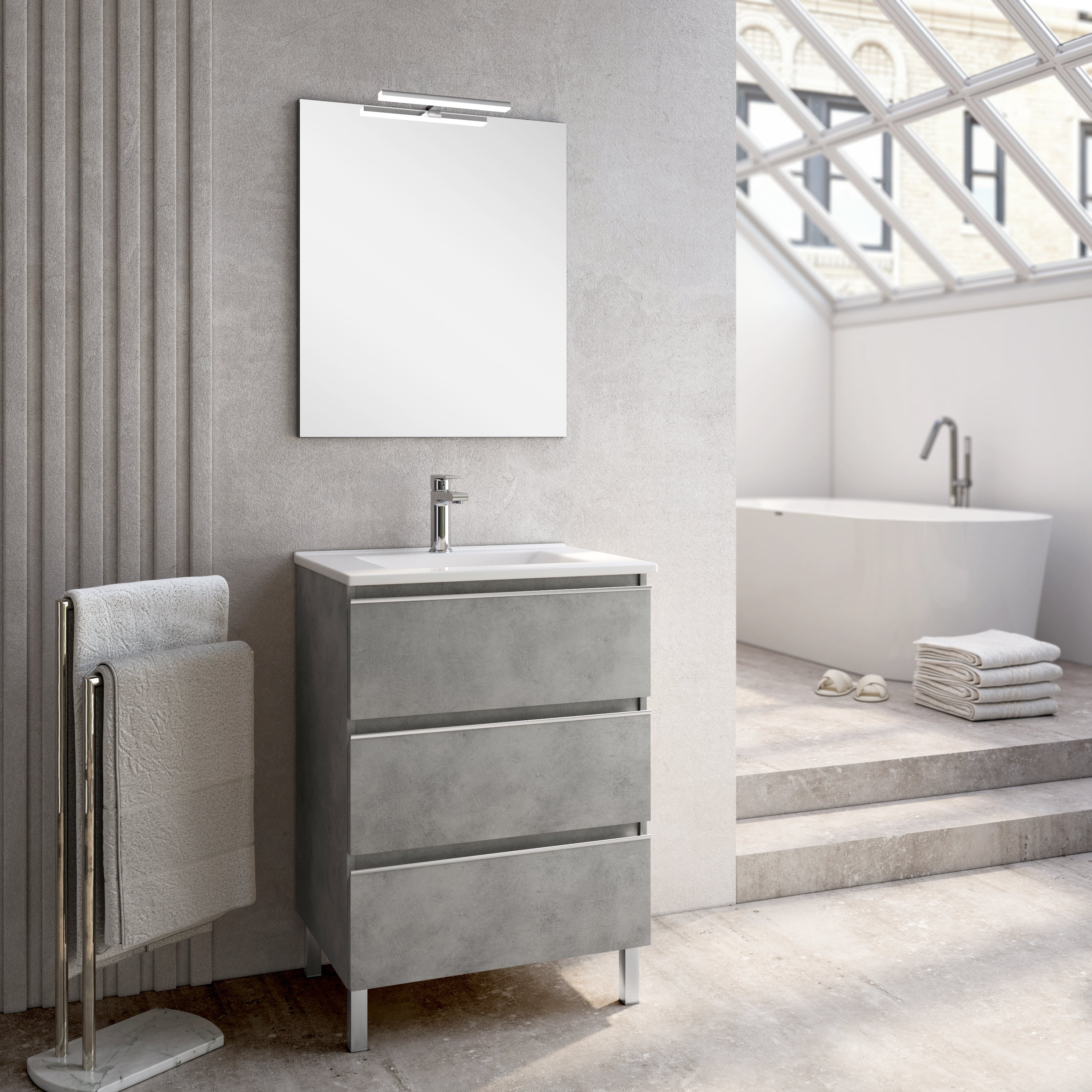 EGORE Meuble de salle de bain avec lavabo ROMA 3 Tiroirs Ciment 70x45 ...