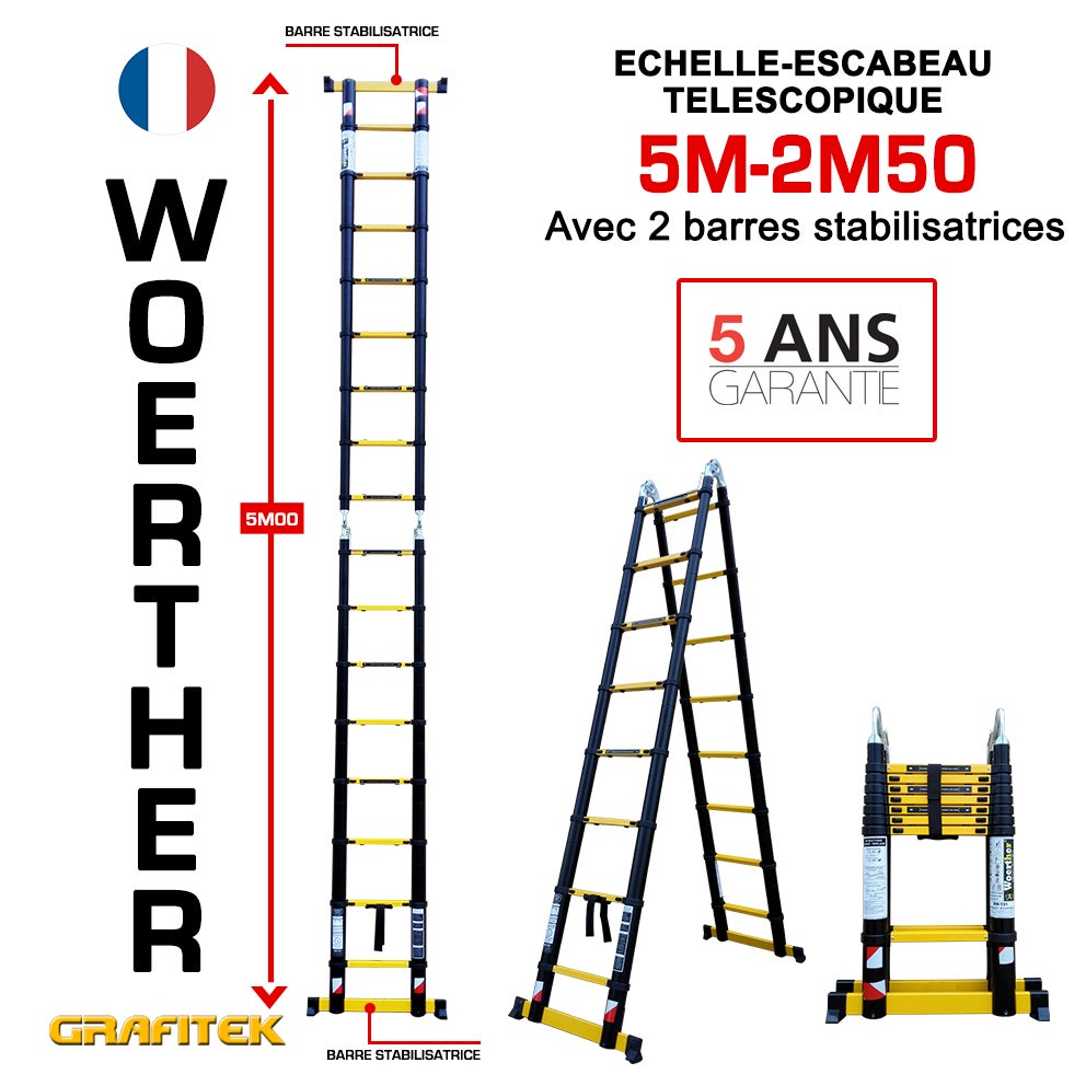 Echelle-escabeau télescopique 5m/2m50 Woerther avec double barres ...