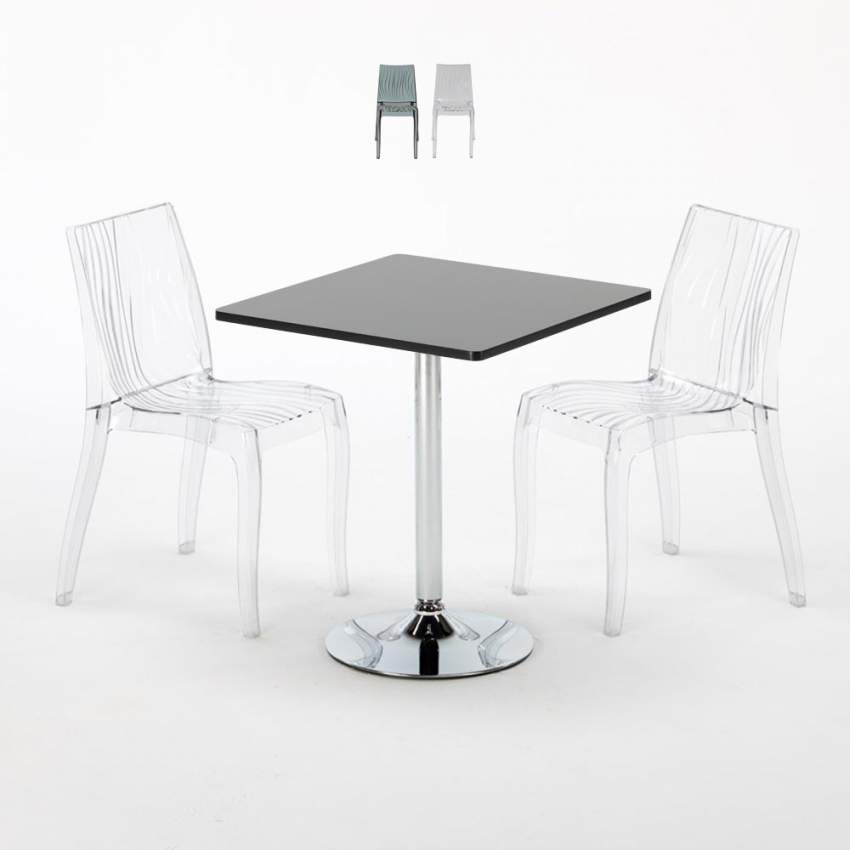 Table Carrée Noire 70x70cm Avec 2 Chaises Colorées Et Transparentes Set ...