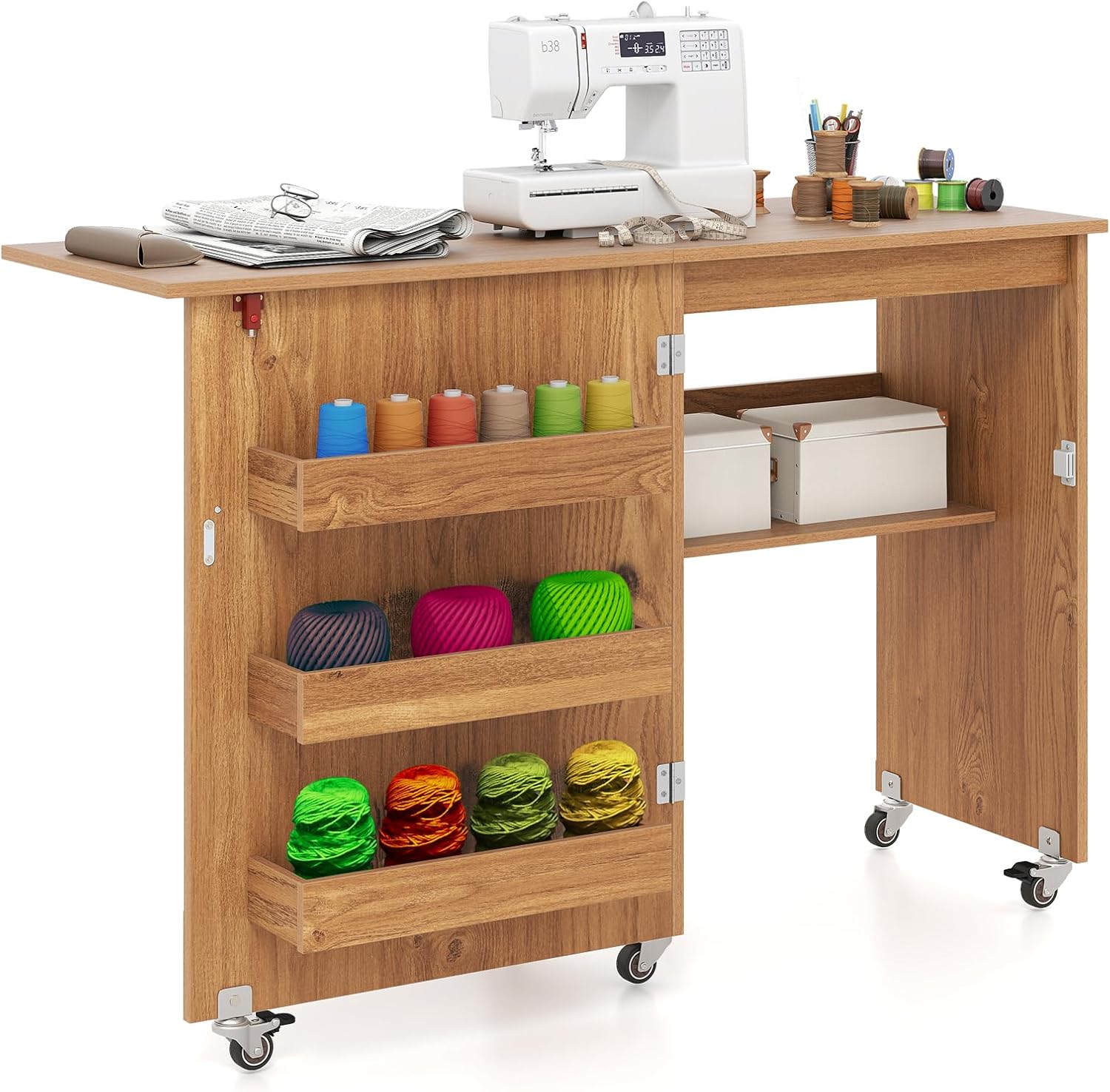 Table de Couture Pliante -3 Bacs et 1 Etagère de Rangement - Roulettes ...