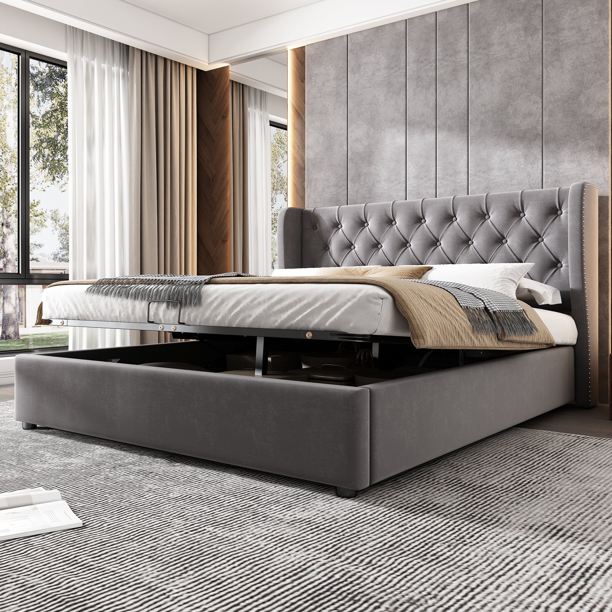 Lit double 140*200 lit fonctionnel hydraulique avec sommier à lattes ...