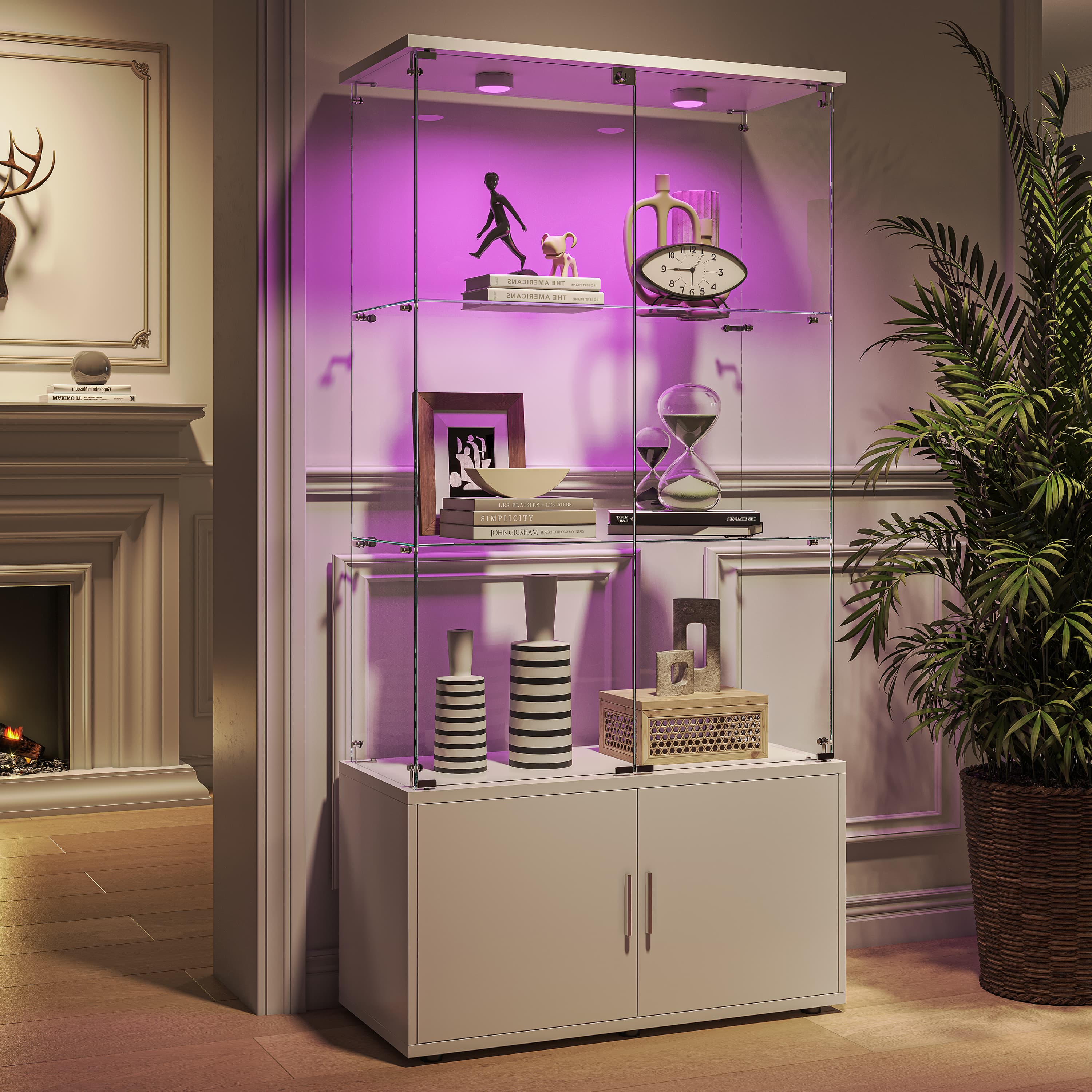 Meuble de rangement et d'exposition multifonctionnel - Étagères en verre + Rangement caché ...