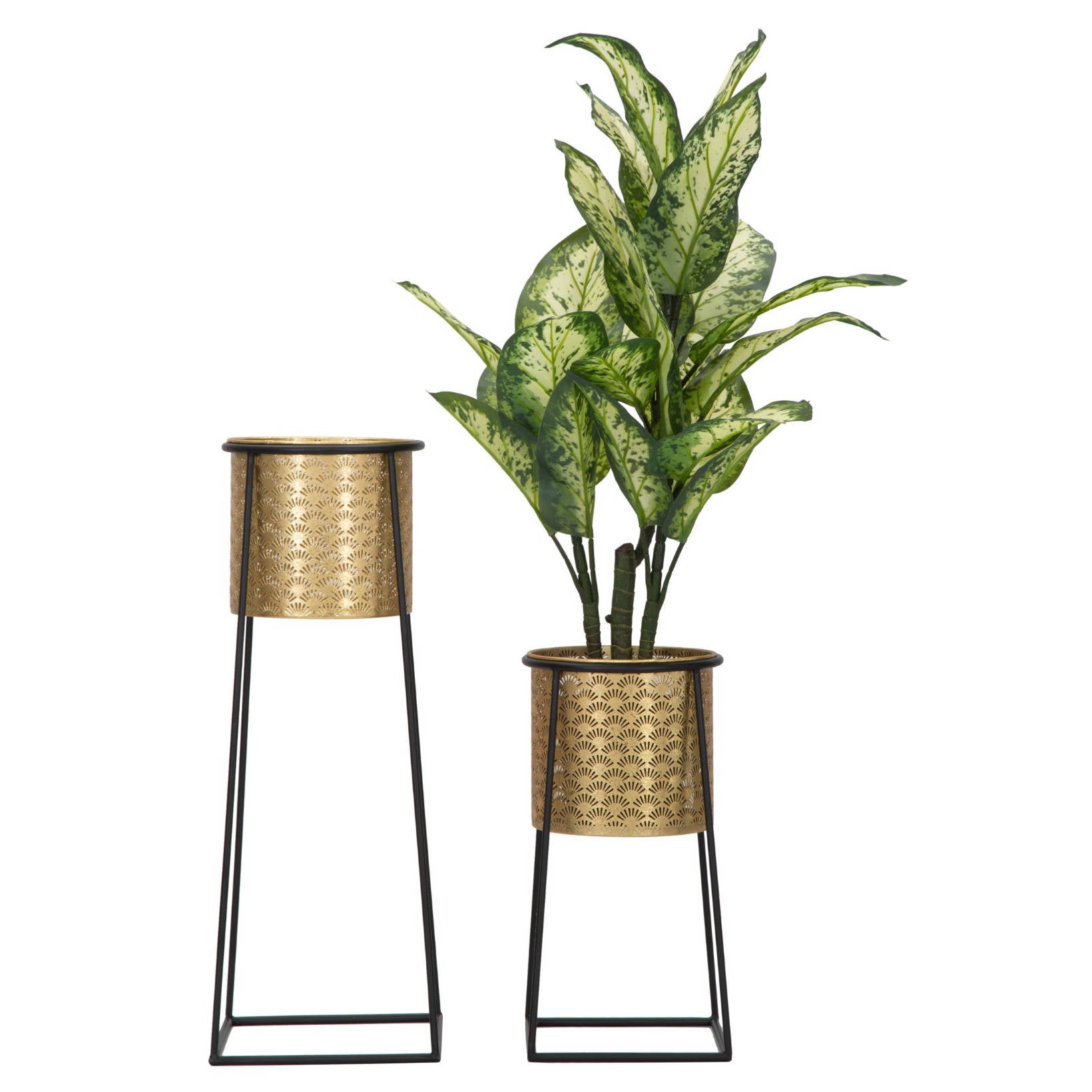 Juego de 2 maceteros de metal dorado y negro Ø 26x70 y 23x45 cm | Leroy ...