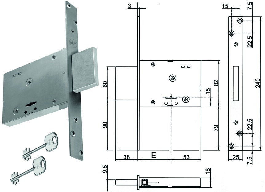 SERRURE À MORTIER EN MÉTAL Y8TD100 YALE BQ ZINC F.MM 25 DM M4 H.MM 82 E ...