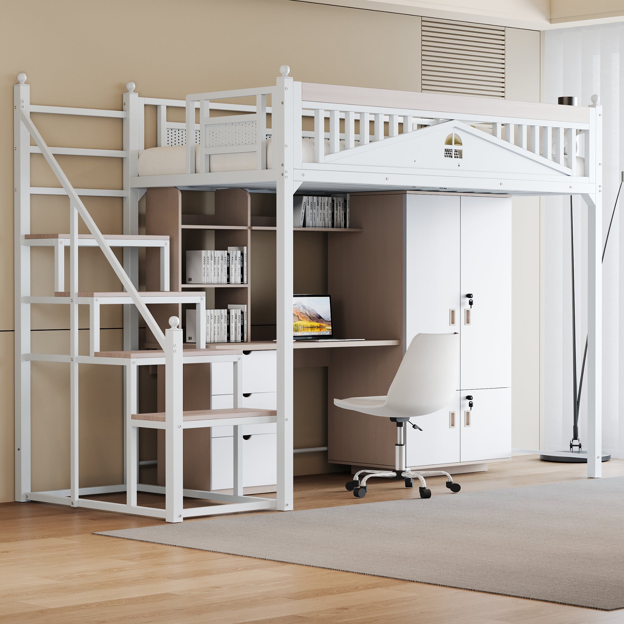 Letto a soppalco 90 x 200 cm con scale - Metallo + Compensato + MDF ...
