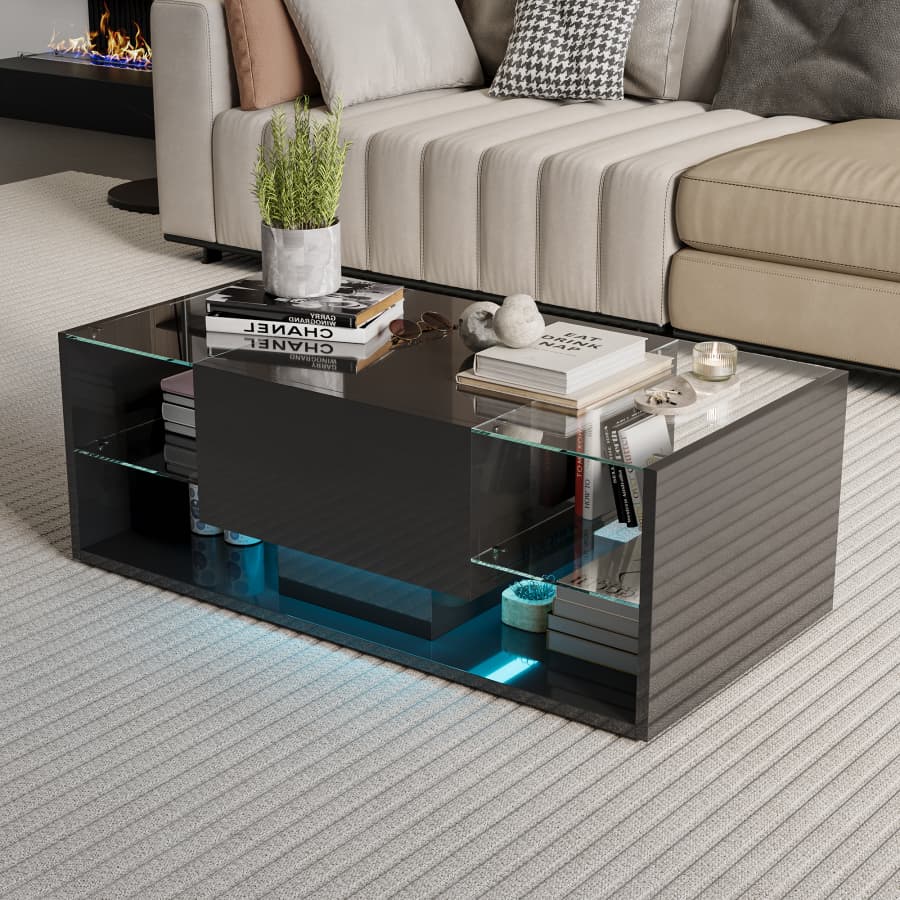 Table basse, table de salon avec LED, table basse brillante avec 1 tiroir, peut être utilisée ...