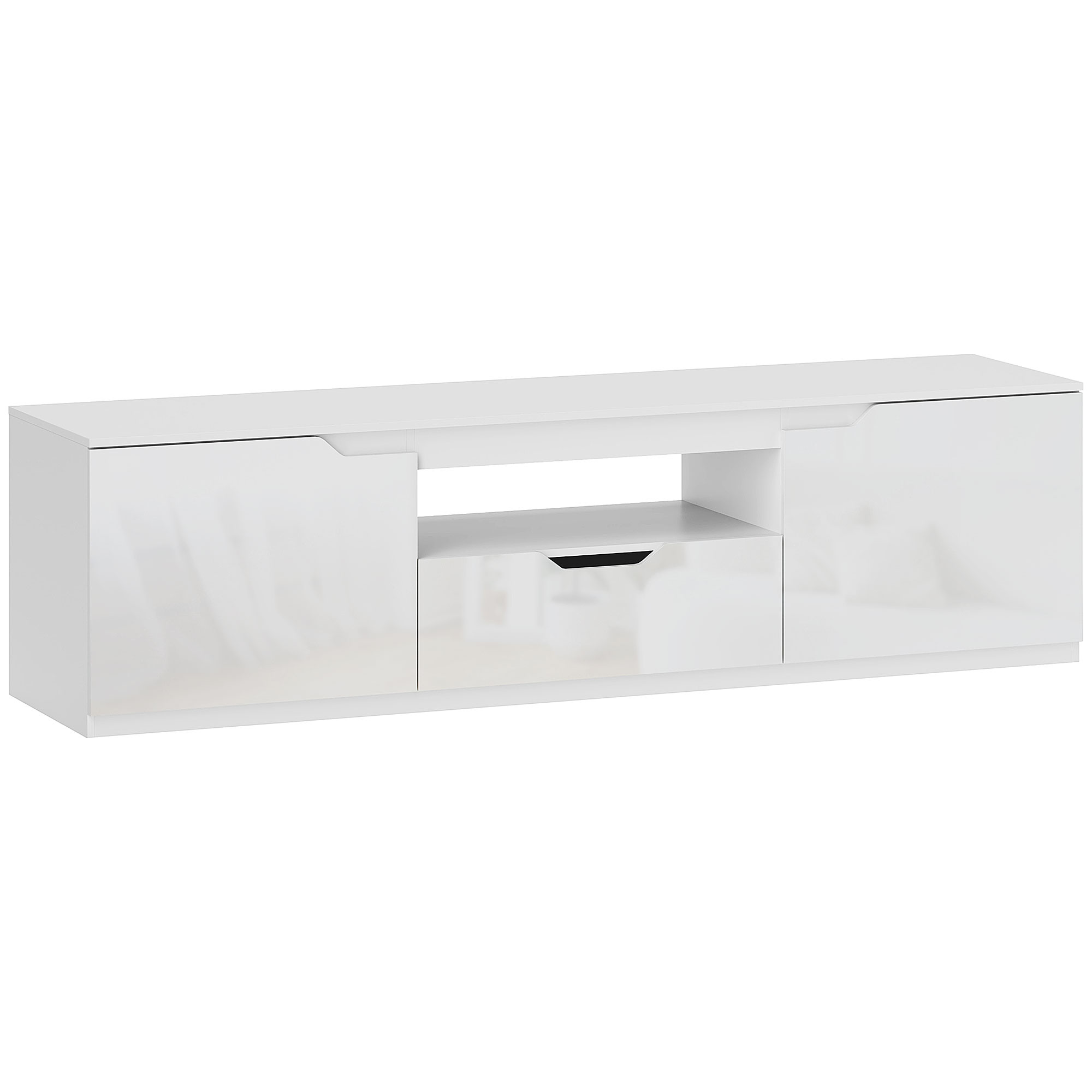 Meuble TV lowboard 160cm (blanc) : 2 portes + 1 tiroir, TV jusqu'à 65 ...