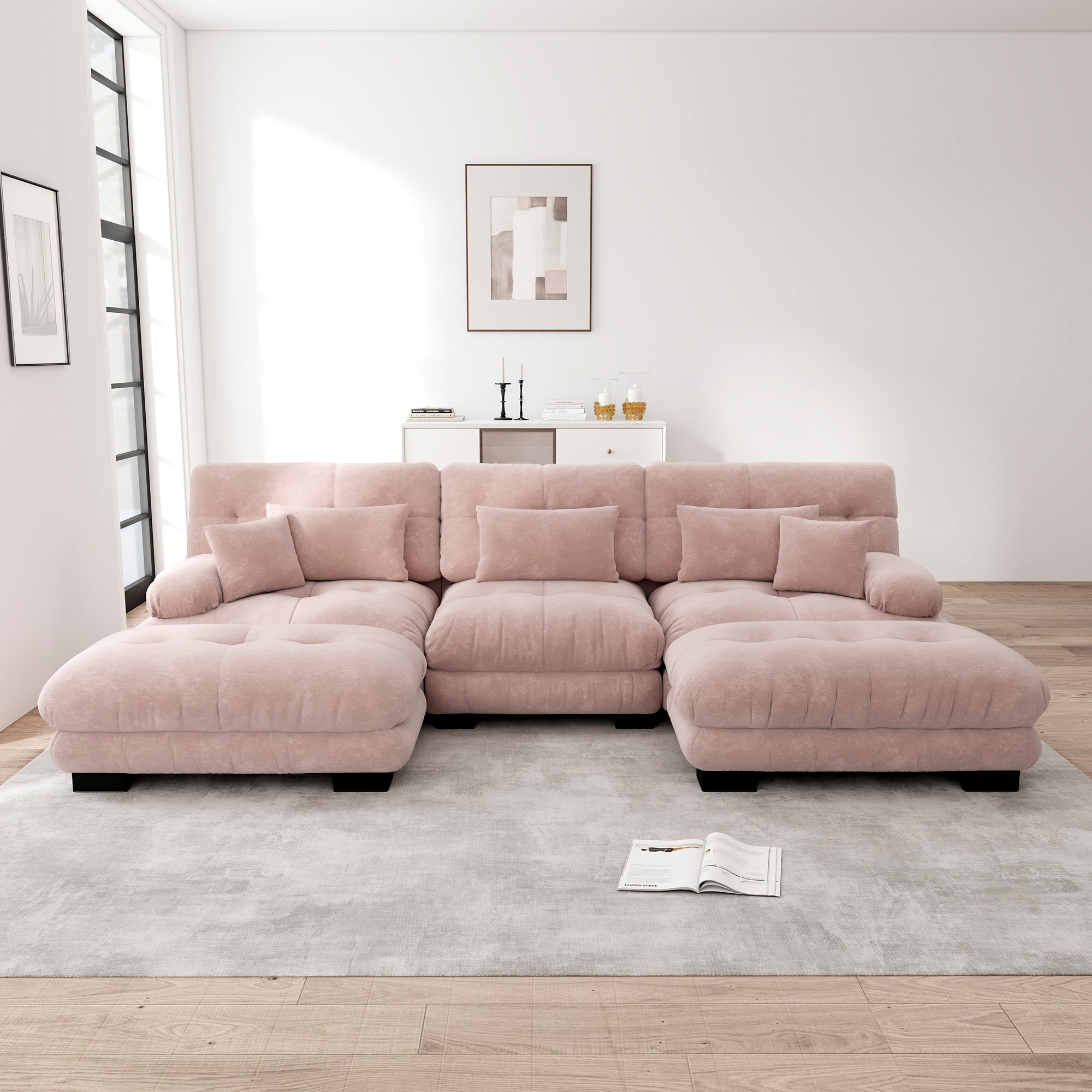 Canapé modulable U luxe nuage chenille pouf assise profonde salon rose ...