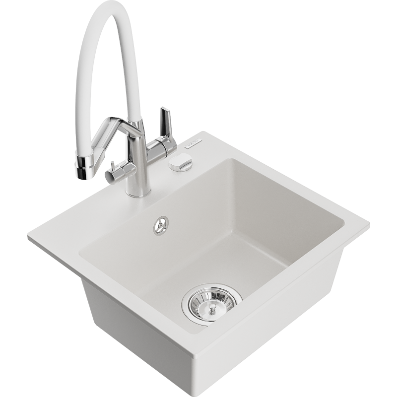 Zlewozmywak granitowy 1-komorowy Mexen Milo z baterią kuchenną Duo biały 6505-20-671701-02 ...