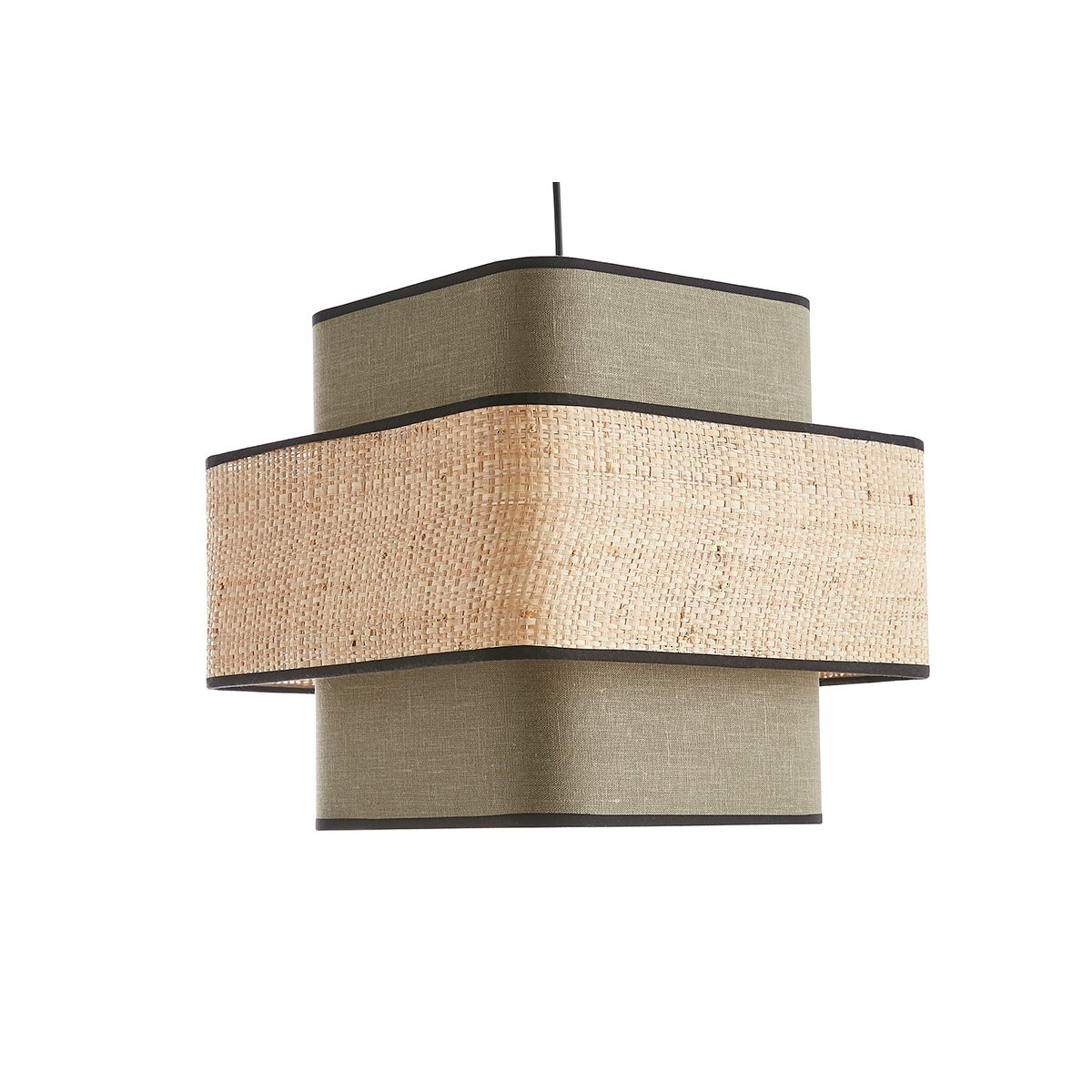 Suspension cube en tissu lin vert kaki et rabane naturelle L35 cm TERA ...