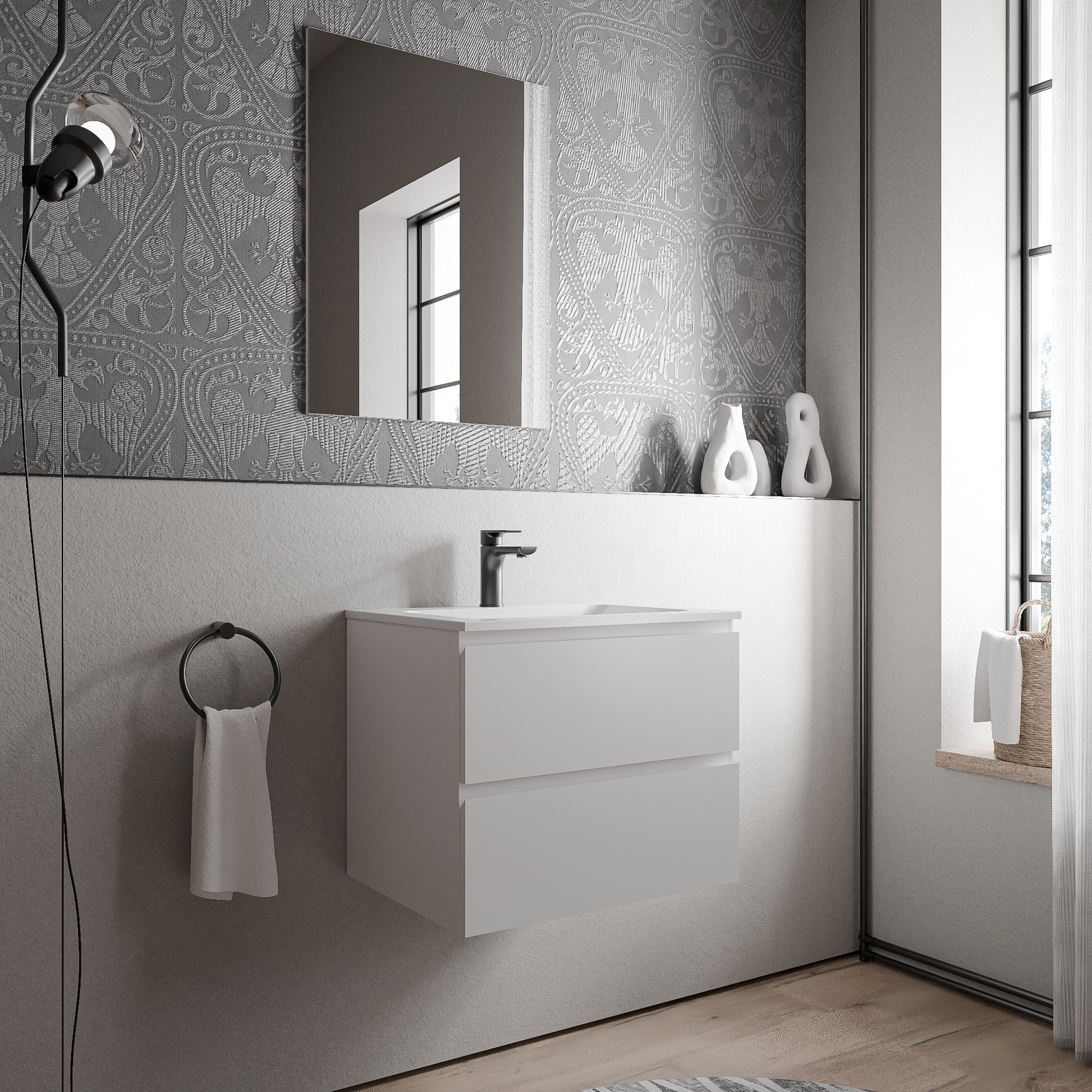 BERNSTEIN - Mueble lavabo suspendido MDF blanco mate, lavabo fundición ...