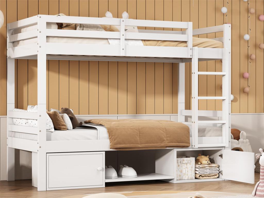 Lit superposé 90x200cm en pin massif avec meuble de rangement et ...