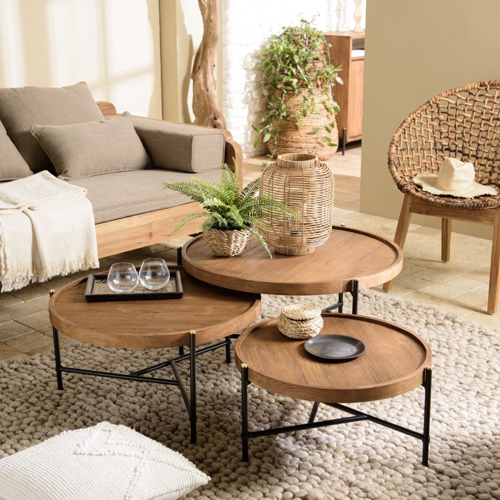 SIXTINE - Set de 3 tables basses tripodes rondes bois de teck recyclé ...