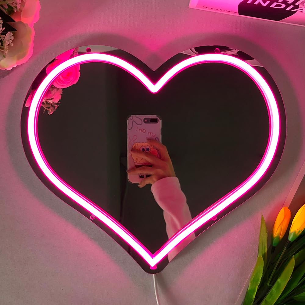 Enseigne néon Cœur avec variateur, miroir d'amour rose alimenté par USB ...