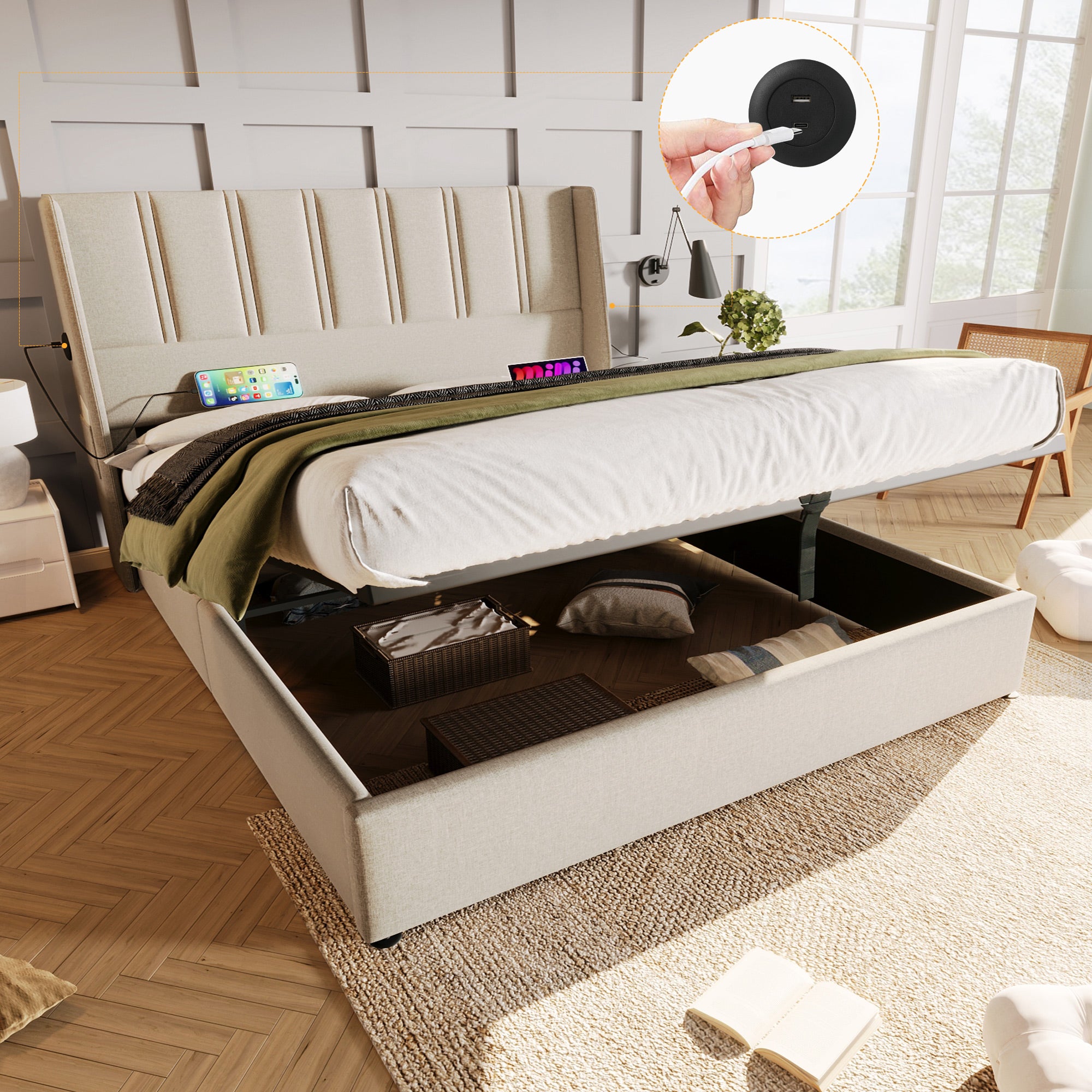 Lit rembourré lit coffre ports de charge USB/Type-C poche latérale lit ...