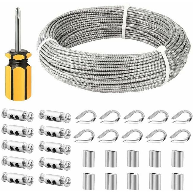 Câble inox, corde inox 50M/2mm, câble acier enduit avec attache, cosse ...