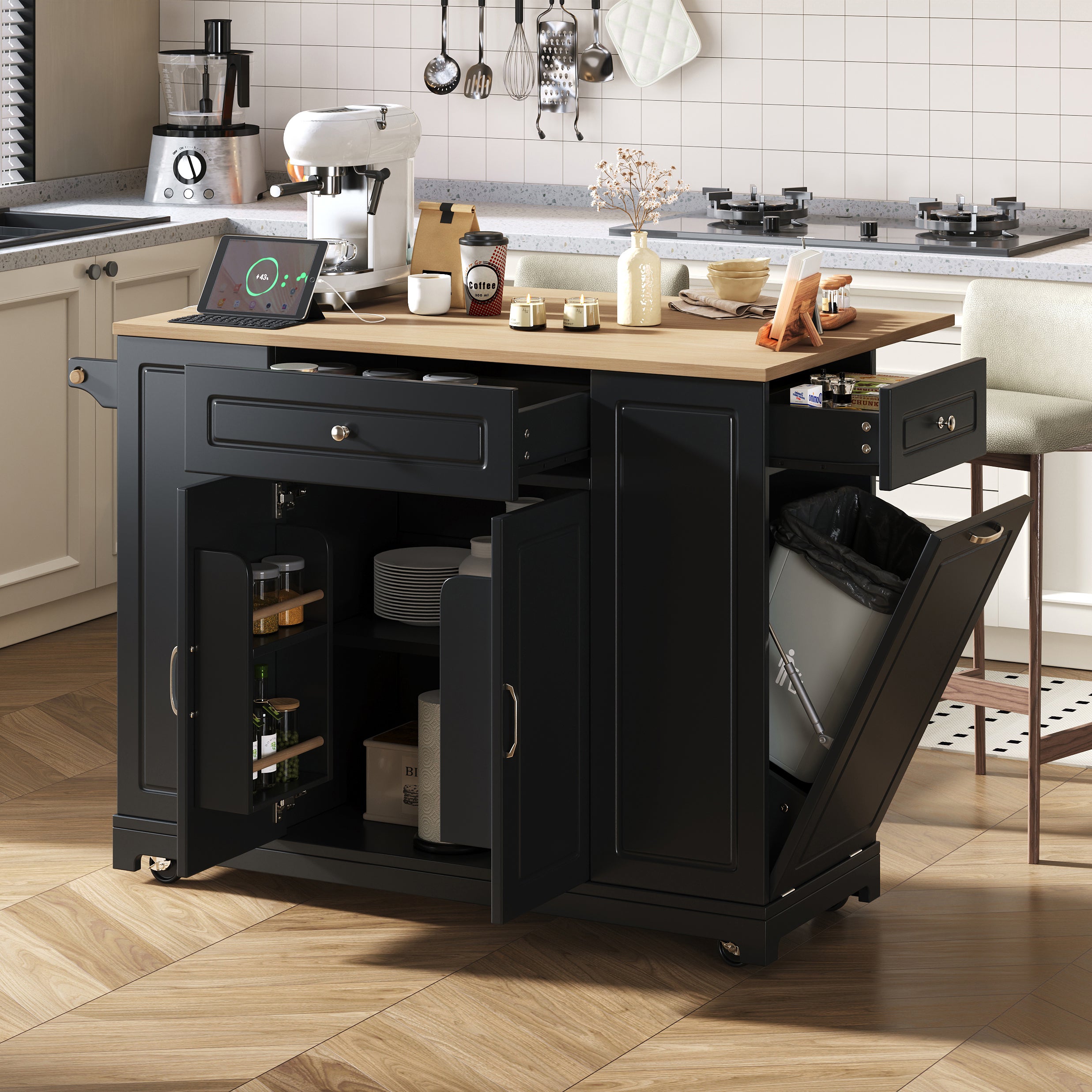Îlot de cuisine mobile avec tiroirs, espace repas extensible et bac à ...