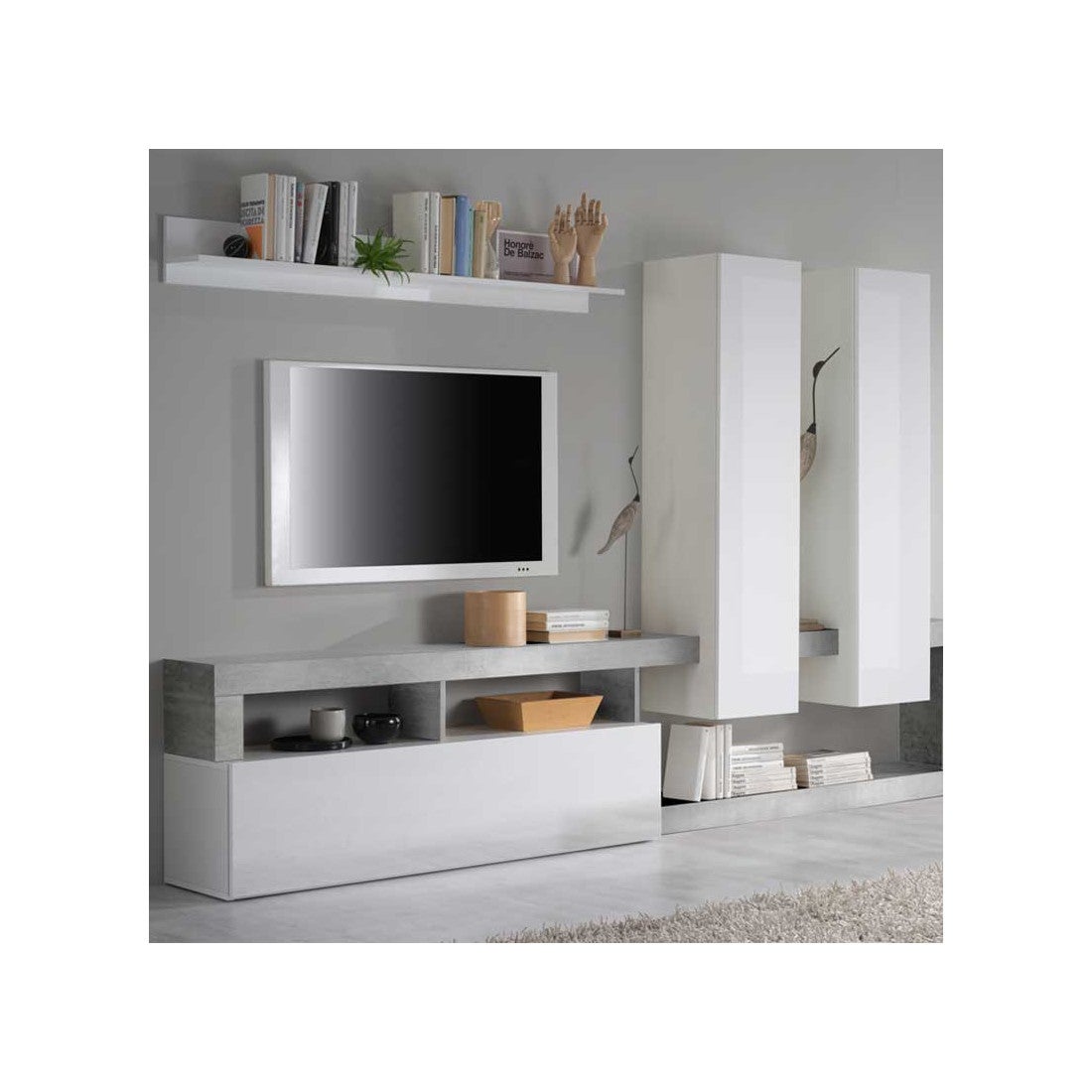 Composition TV 2 colonnes Blanc laqué/Béton ciré clair - ISCHIA | Leroy ...