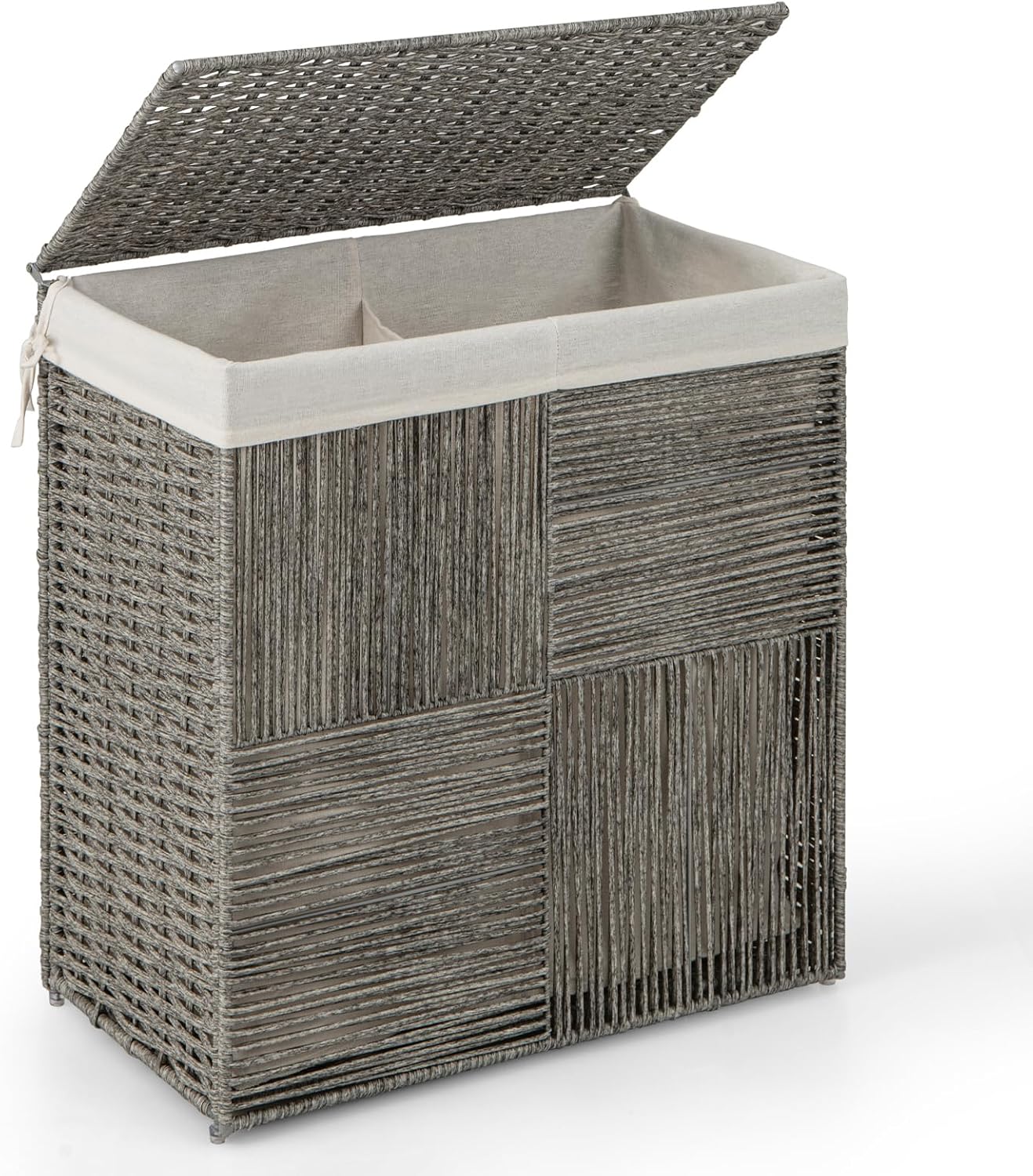 Panier à Linge avec Couvercle, 2 Compartiment, Corbeille à Linge Tressé ...