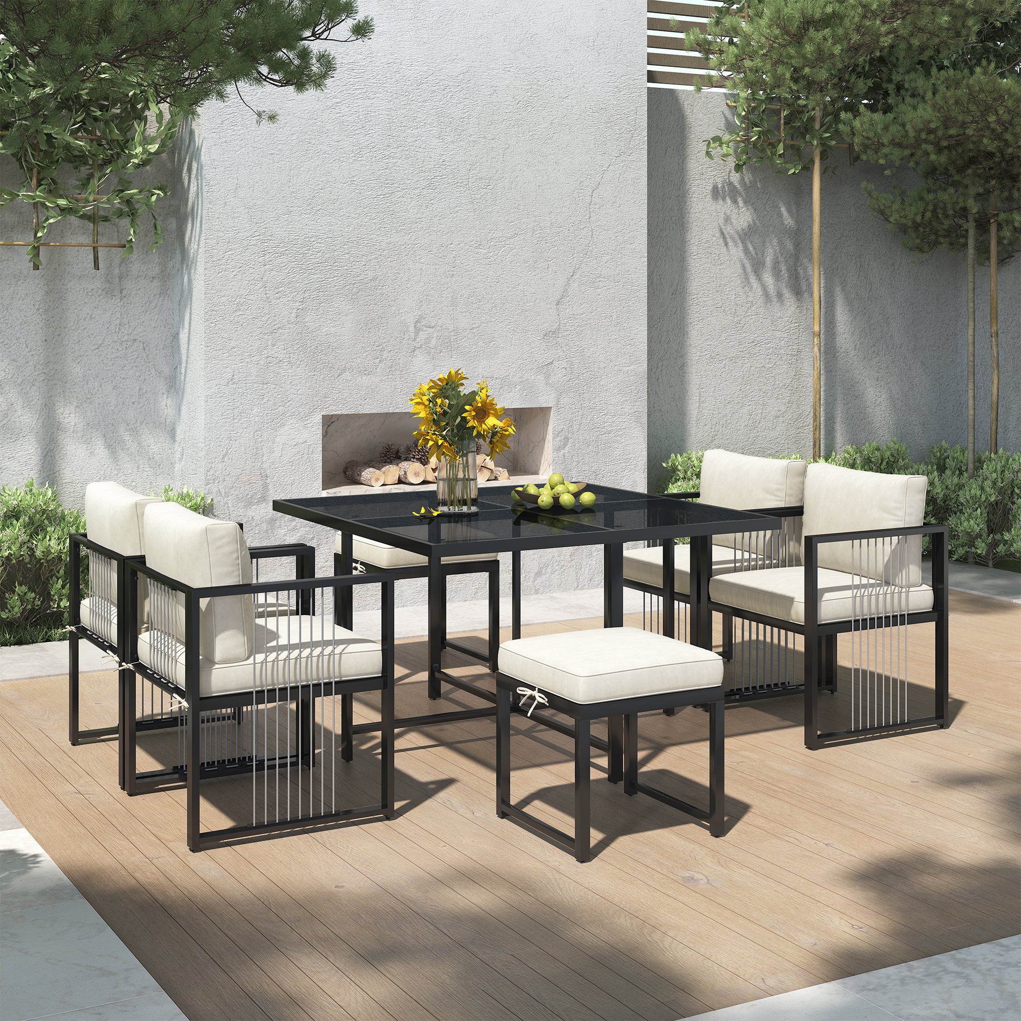 Salon de jardin avec table, 4 fauteuils et 2 repose-pieds, coussins ...