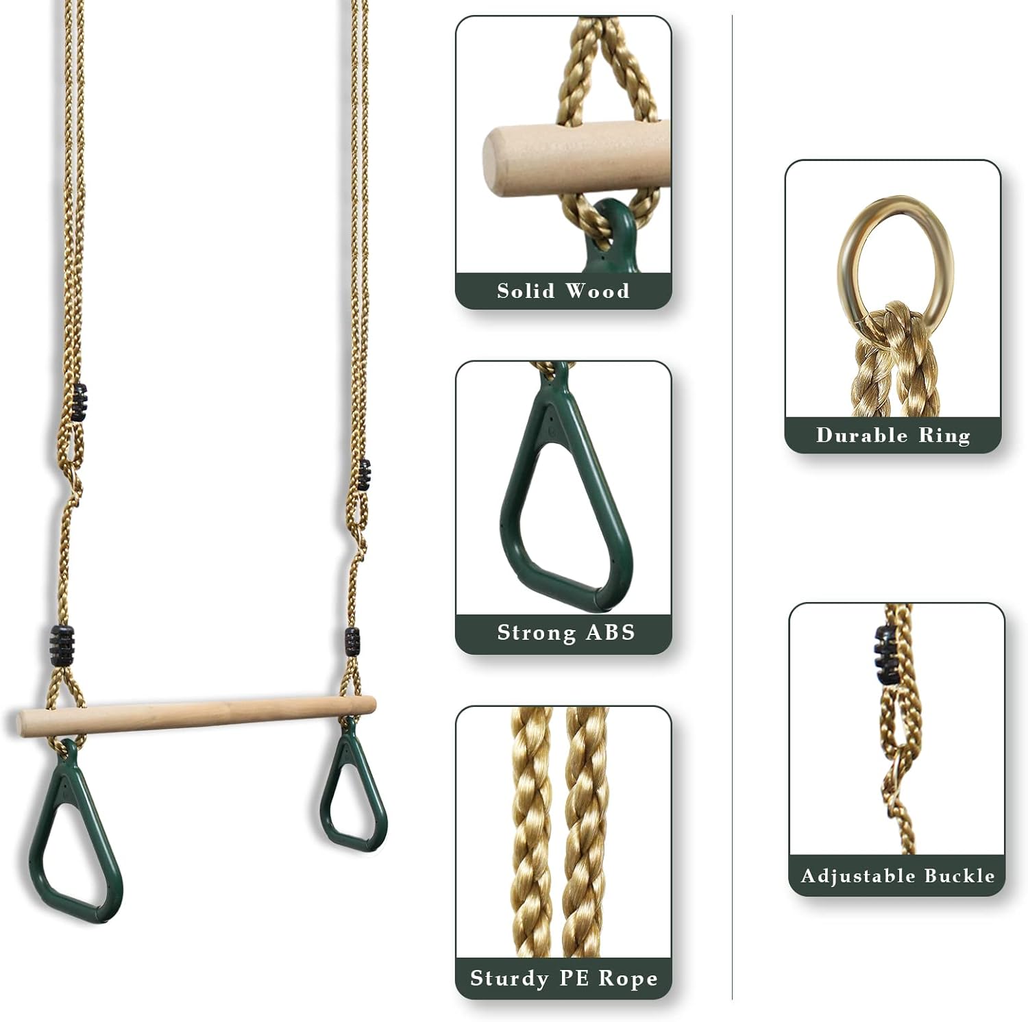 Trapecio de Madera, Anillos y Barra de Gimnasia para Niño, Verde, 200 ...