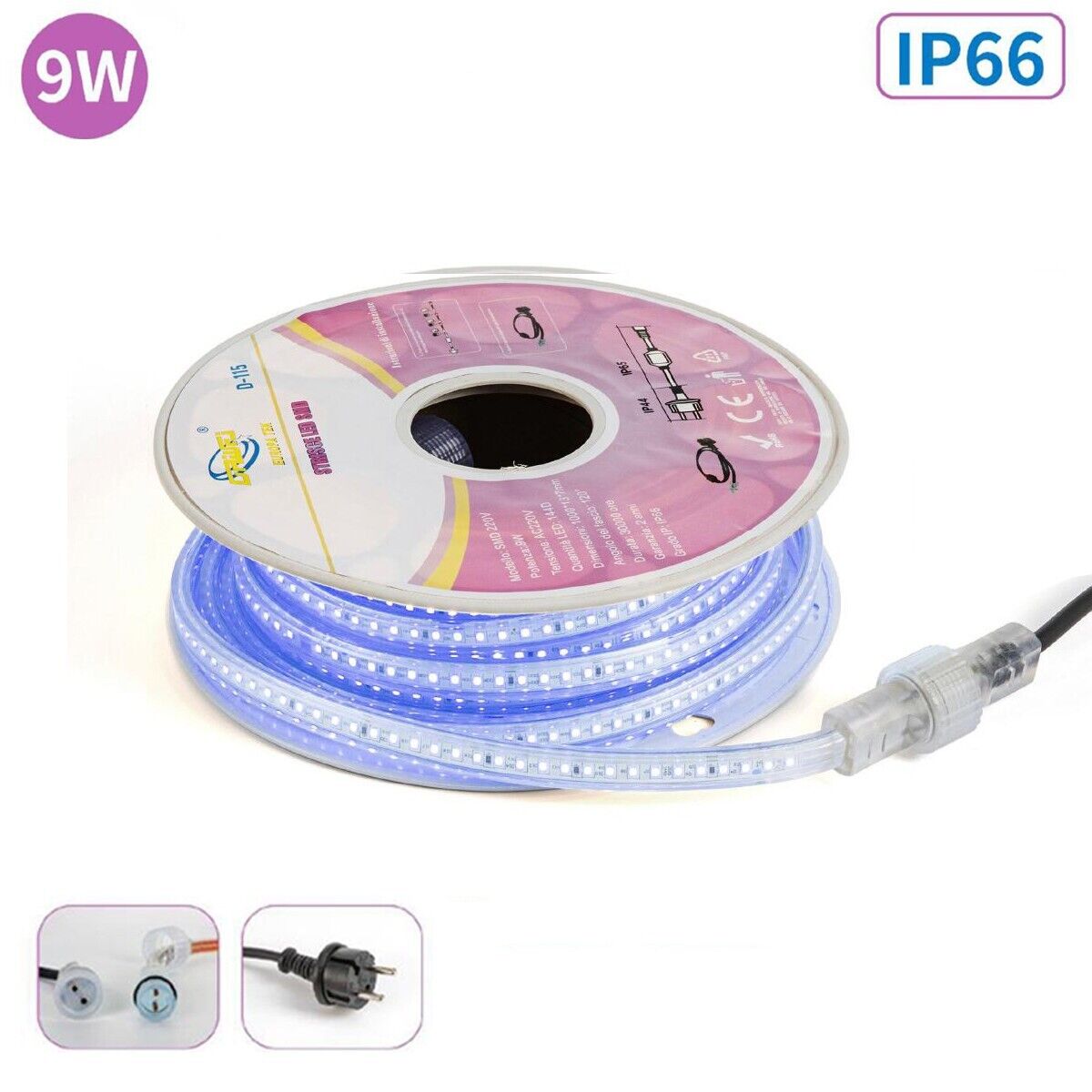 STRISCIA LED SMD 9W 10MT IP66 IMPERMEABILE LUCE BLU ESTERNO INTERNO ...