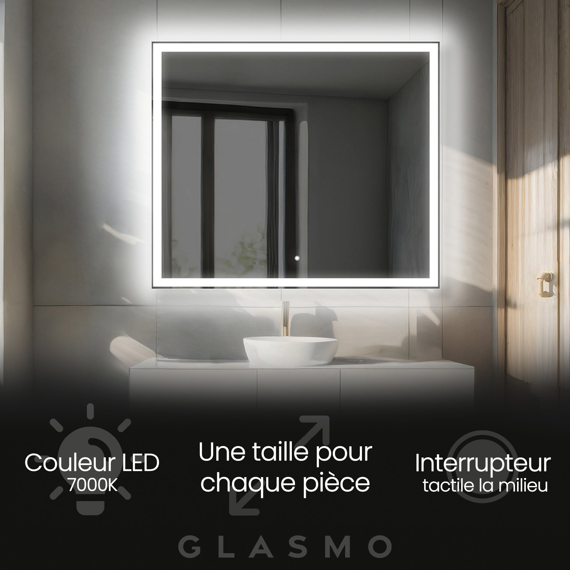Miroir de salle de bain lumineux -AURORA- Miroir 80x100cm rectangulaire ...
