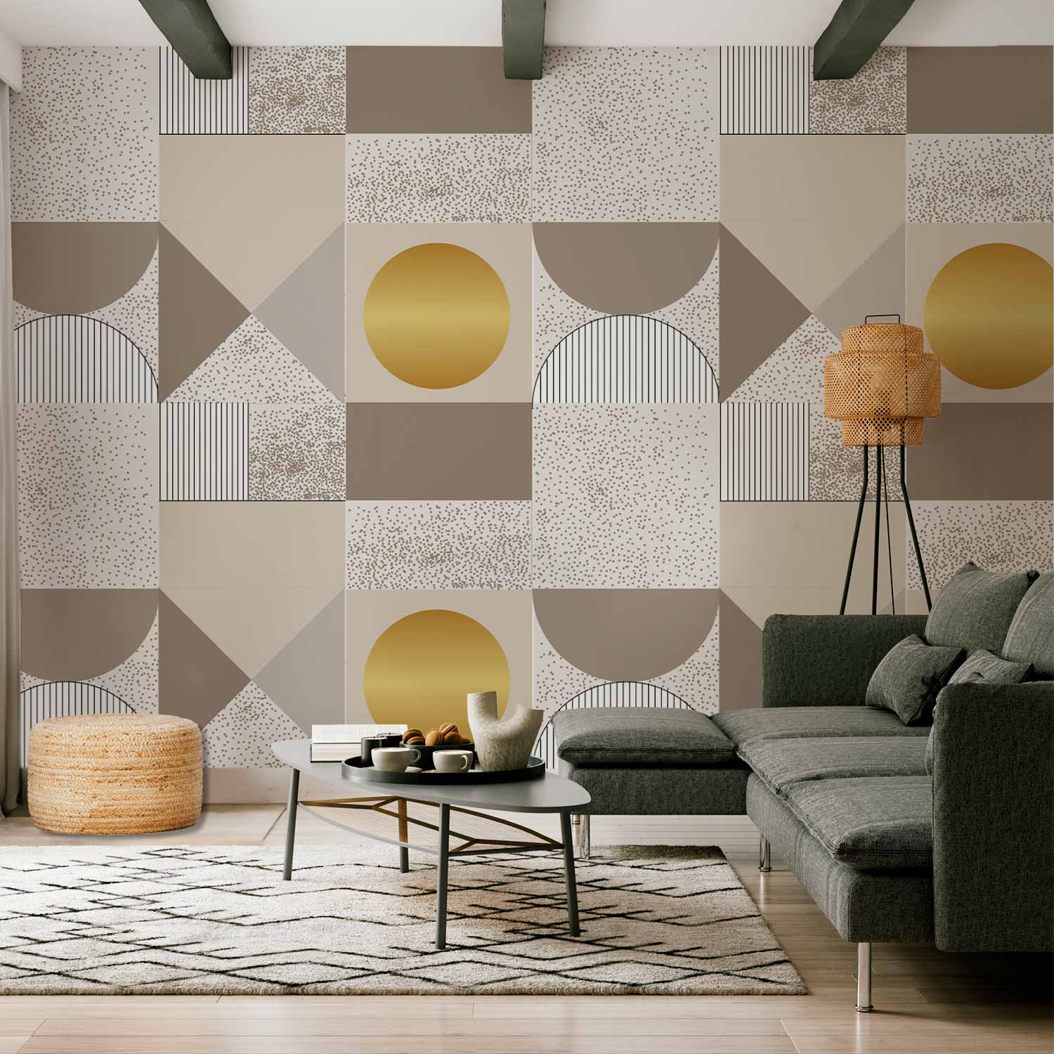 Papier peint - Beige and Gold Geometric Pattern 100x70 | Leroy Merlin