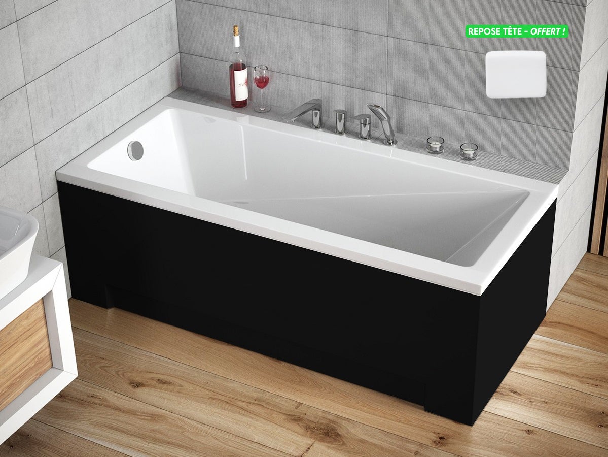 Baignoire rectangulaire de 140 x 70 cm - avec Tablier Noir Mat et Repose Tête OFFERT - MODERN ...