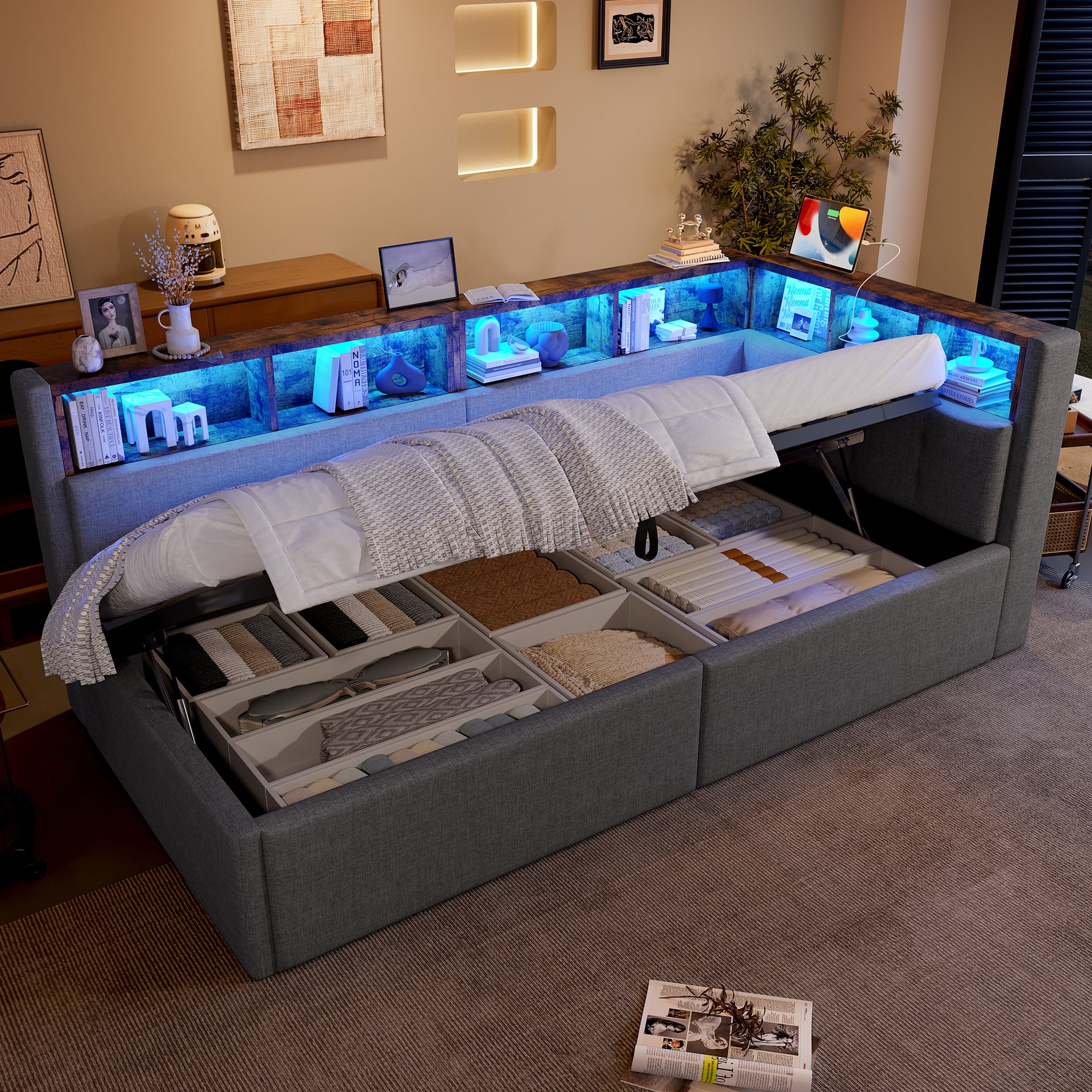 Sofá cama 90x200 cm, cama baúl cama individual con USB y LED ...